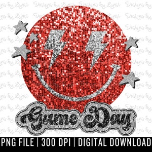 Game Day Sequin Happy Face PNG Digital Design - Red & Silver Sublimation - School Spirit ...