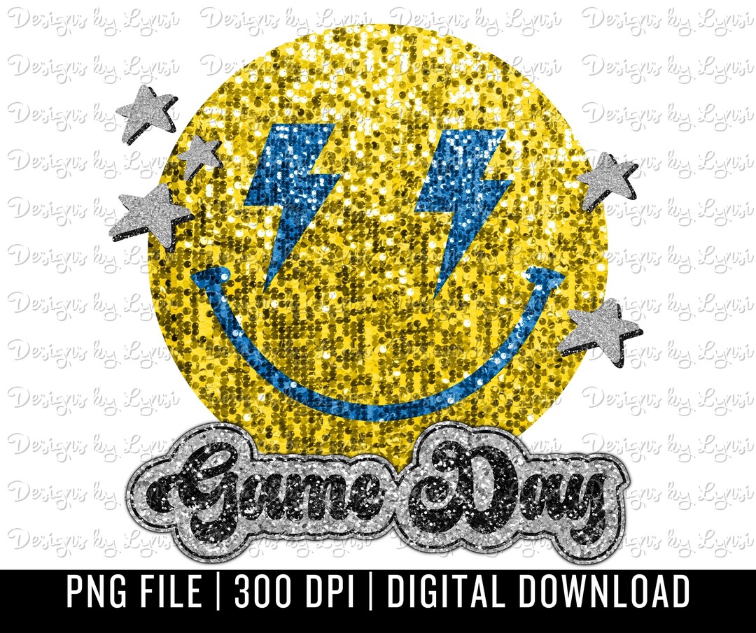 Game Day Sequin Happy Face PNG Digital Design - Yellow & Blue ...