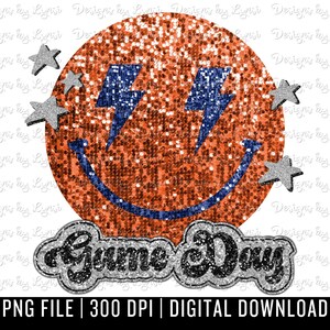 Game Day Sequin Happy Face PNG Digital Design - Orange & Navy Sublimation - School Spirit ...