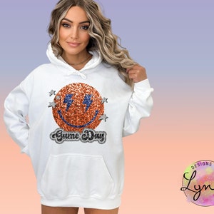 Game Day Sequin Happy Face PNG Digital Design - Orange & Navy Sublimation - School Spirit ...
