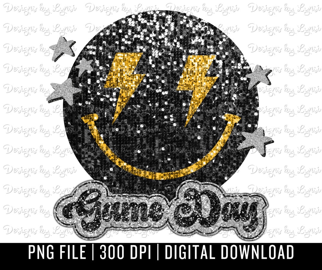 Game Day Sequin Happy Face PNG Digital Design - Black & Gold ...