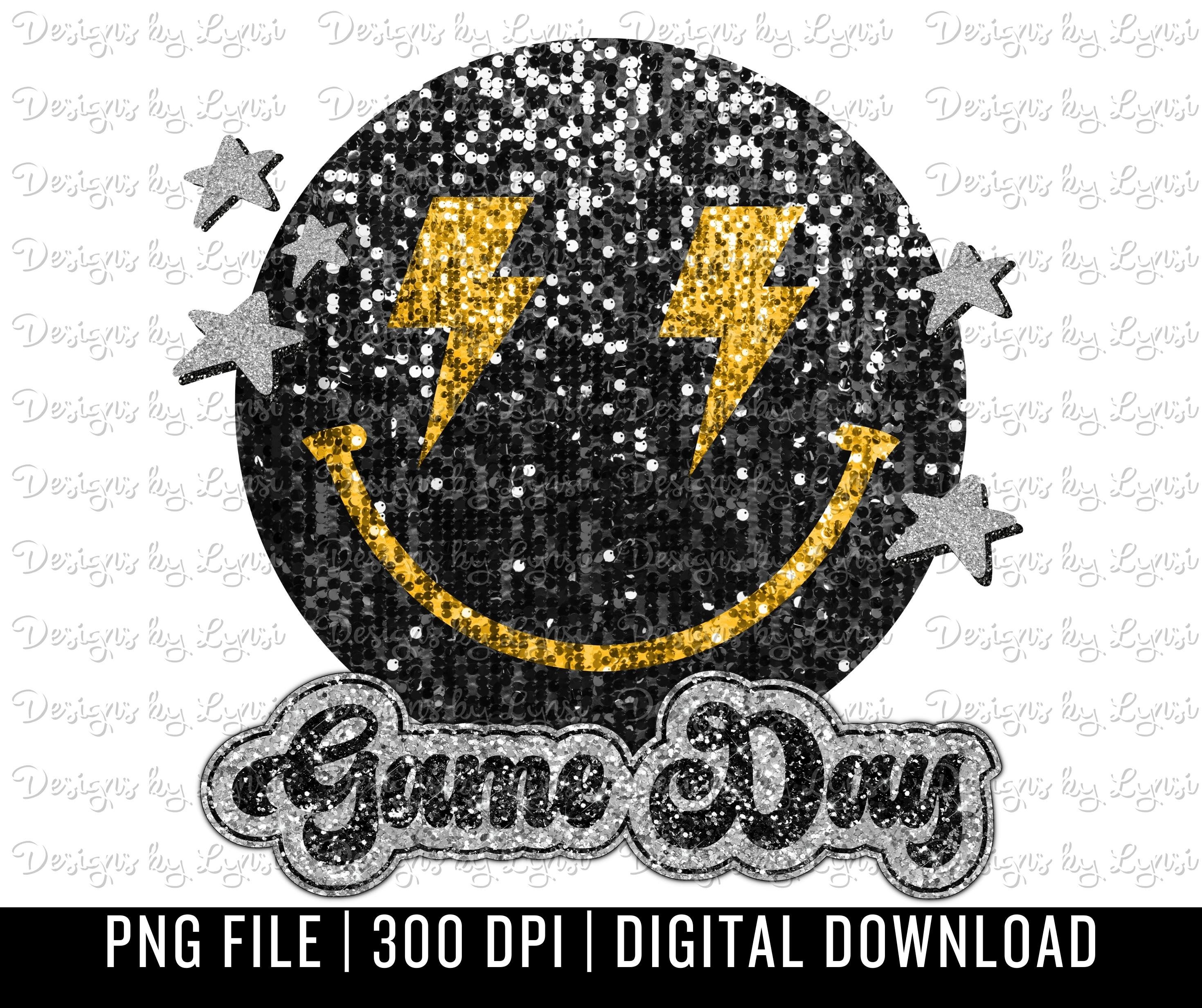 Game Day Sequin Happy Face PNG Digital Design - Black & Gold ...