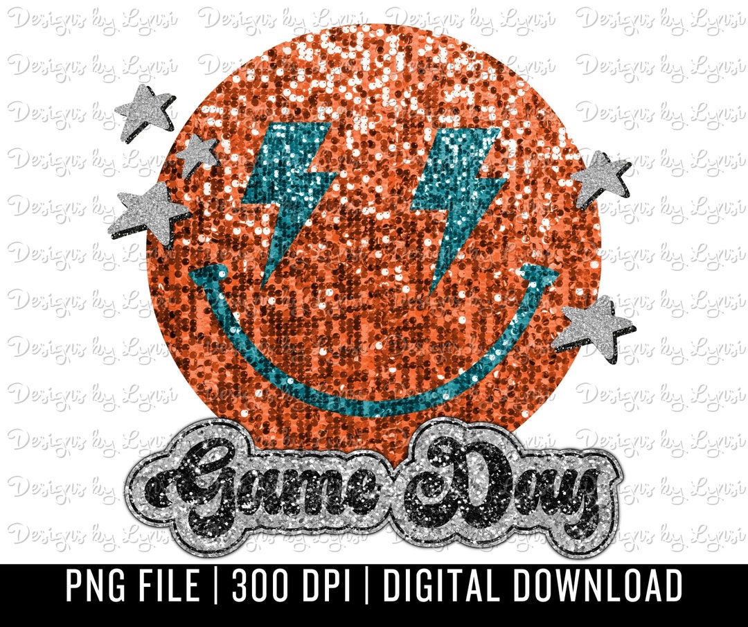 Game Day Sequin Happy Face PNG Digital Design - Orange & Teal Sublimation - School Spirit ...