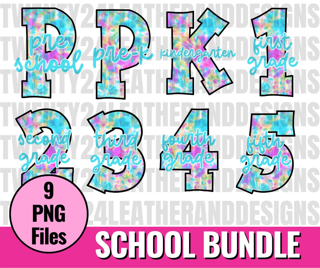 Bright Tie Dye School Grade BUNDLE of 9 - PNG File for Sublimation ...