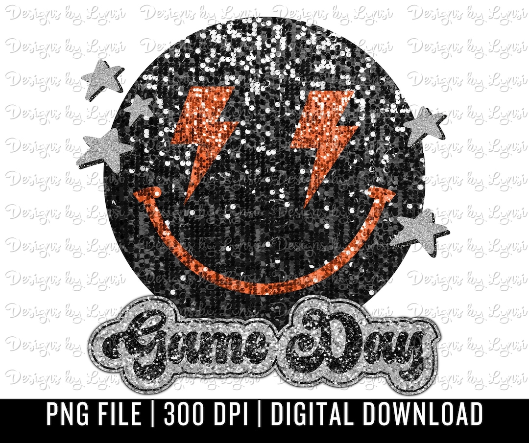 Game Day Sequin Happy Face PNG Digital Design - Black & Orange Sublimation - School Spirit ...