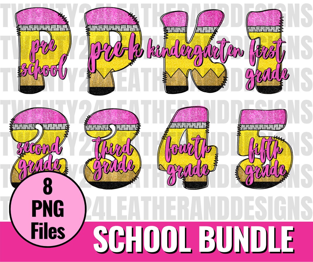 Glitter Pencil School Grade BUNDLE of 8 PNG File for Sublimation ...