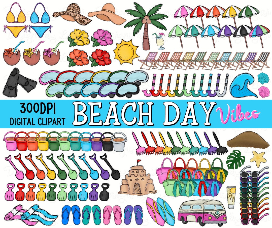 Beach Day Vibes Bundle - Doodle Clipart PNG Digital Design - Hand Drawn ...