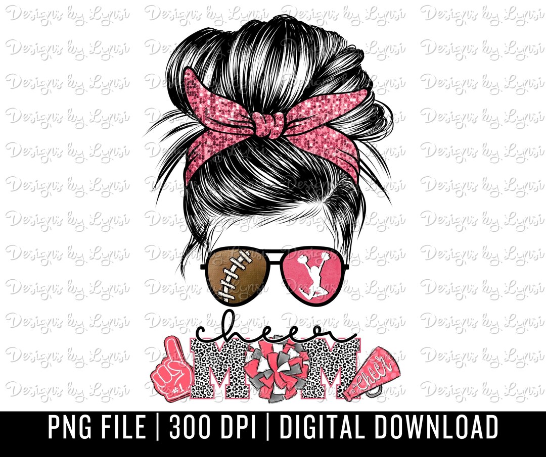 Cheer Mom Messy Bun Lady PNG Digital Design - Pink Cheerleader ...