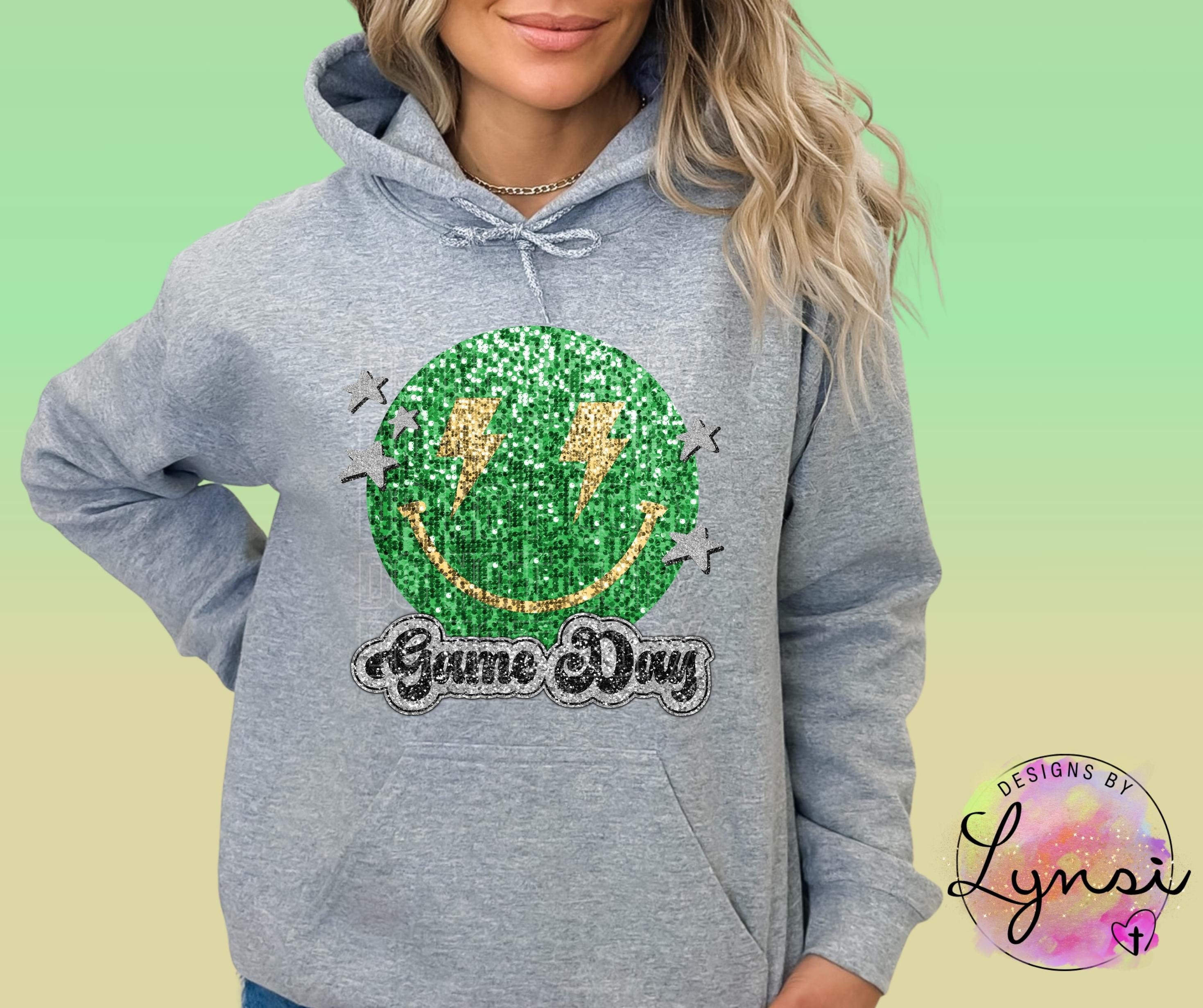 Game Day Sequin Happy Face PNG Digital Design - Green & Gold ...