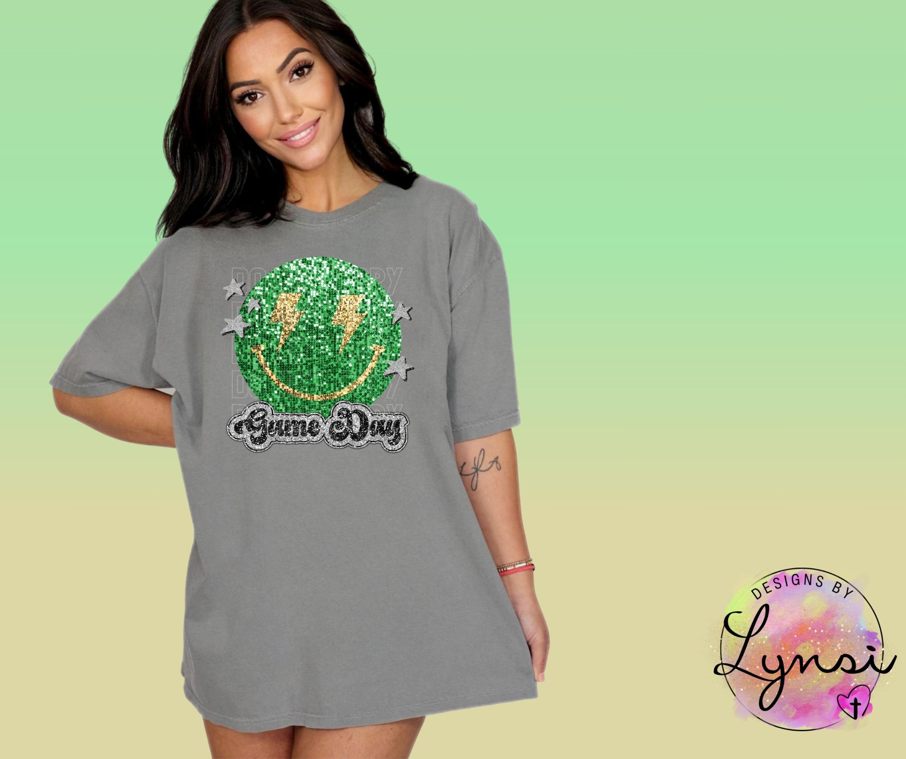 Game Day Sequin Happy Face PNG Digital Design - Green & Gold ...