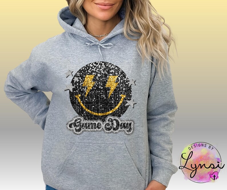 Game Day Sequin Happy Face PNG Digital Design - Black & Gold ...