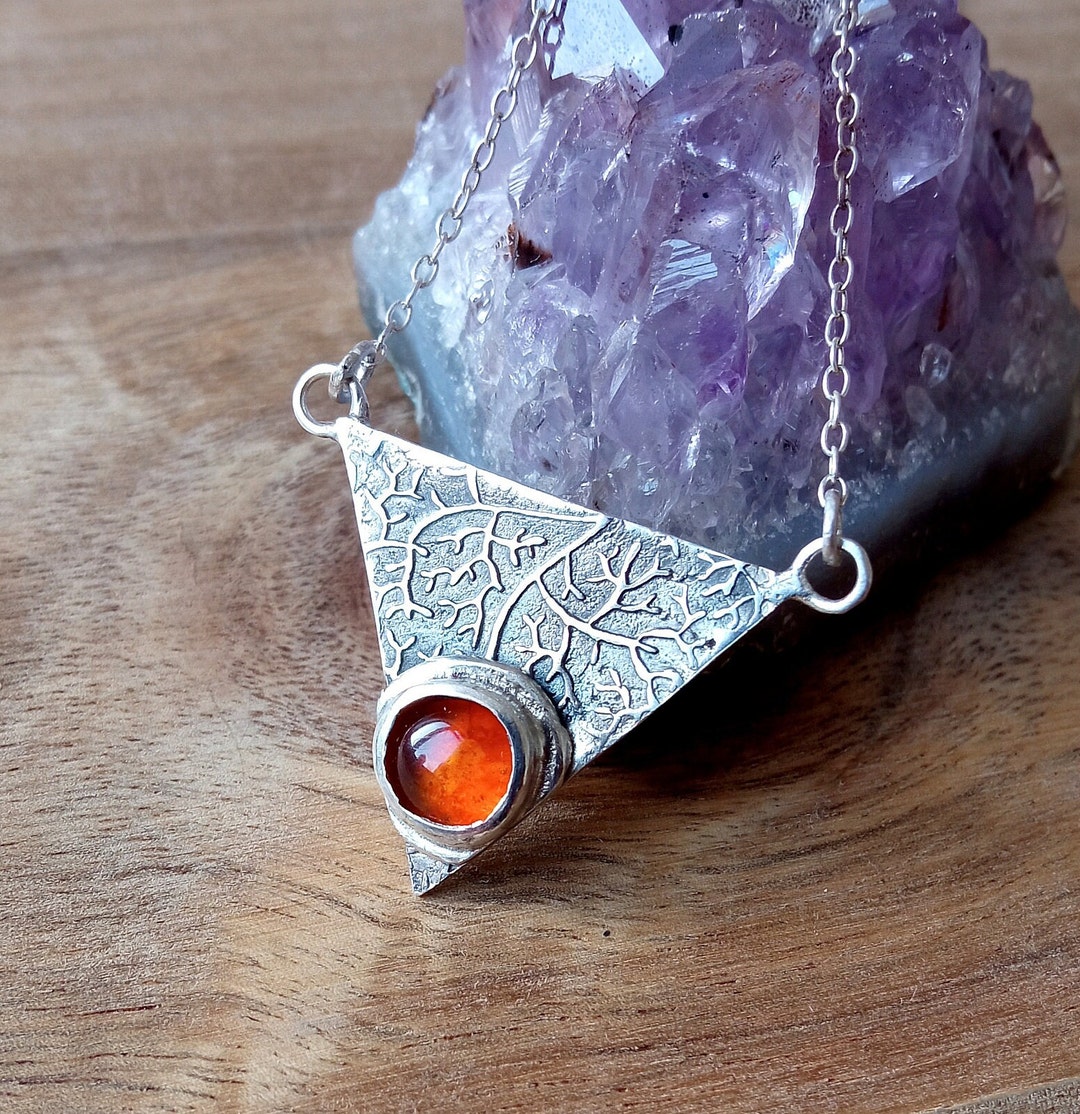 Silver and Amber Geometric Triangle Necklace, Beautiful Genuine Golden ...