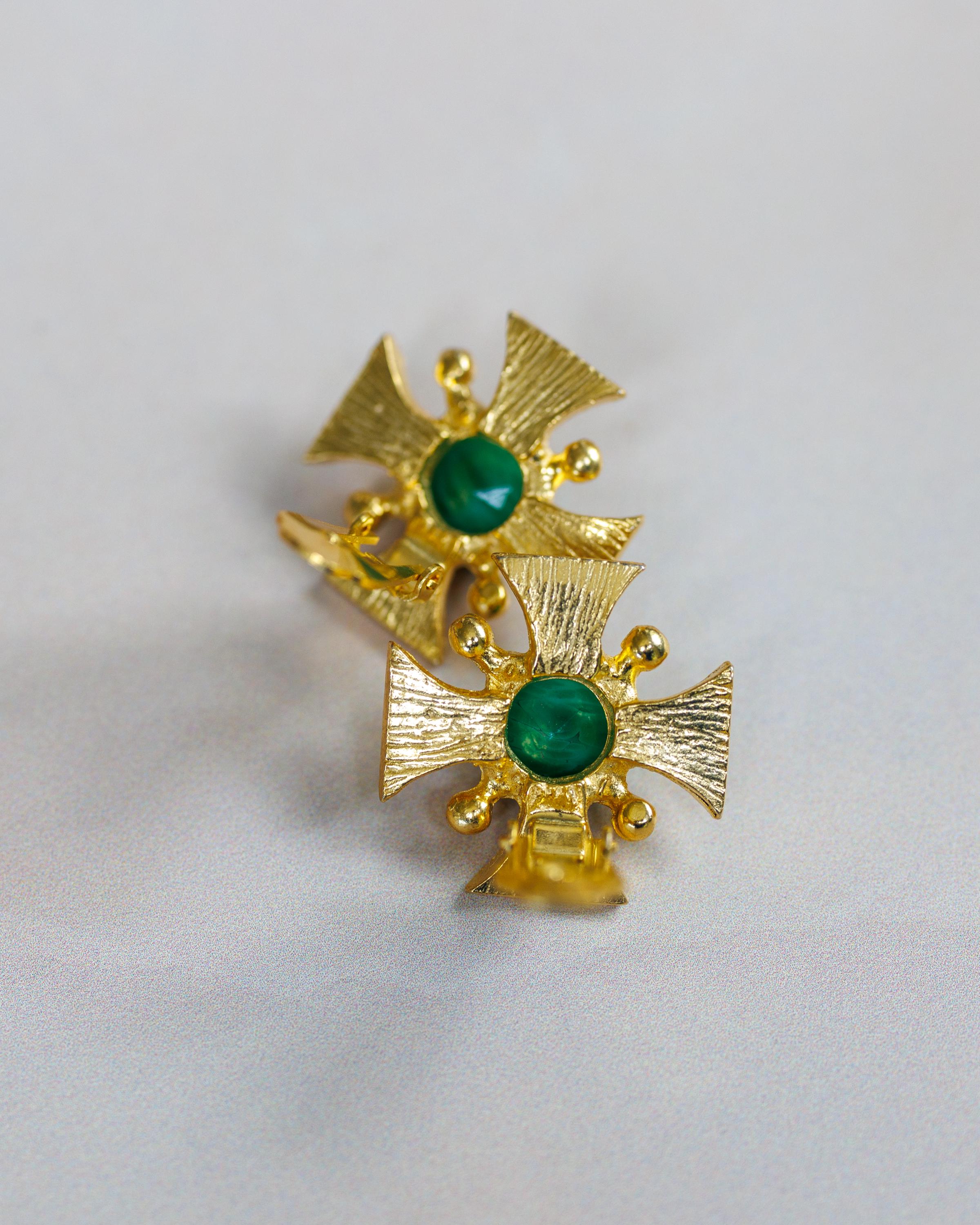 Vintage Kenneth Jay Lane 1960s Maltese Cross Shaped Clip-ons With Green ...