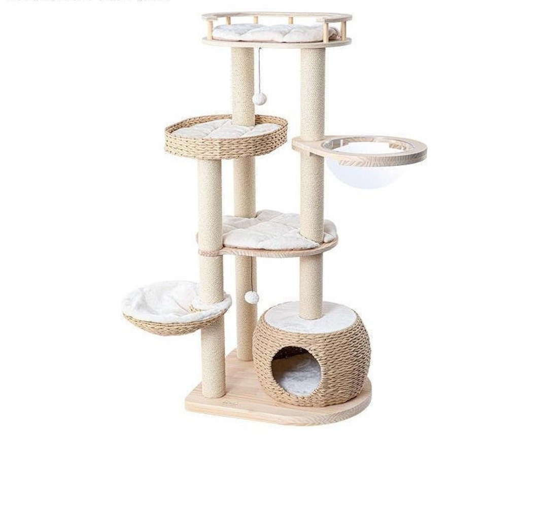 Wooden Rattan Cat Tree Tower Wooden Cat Tower Modern Cat - Etsy