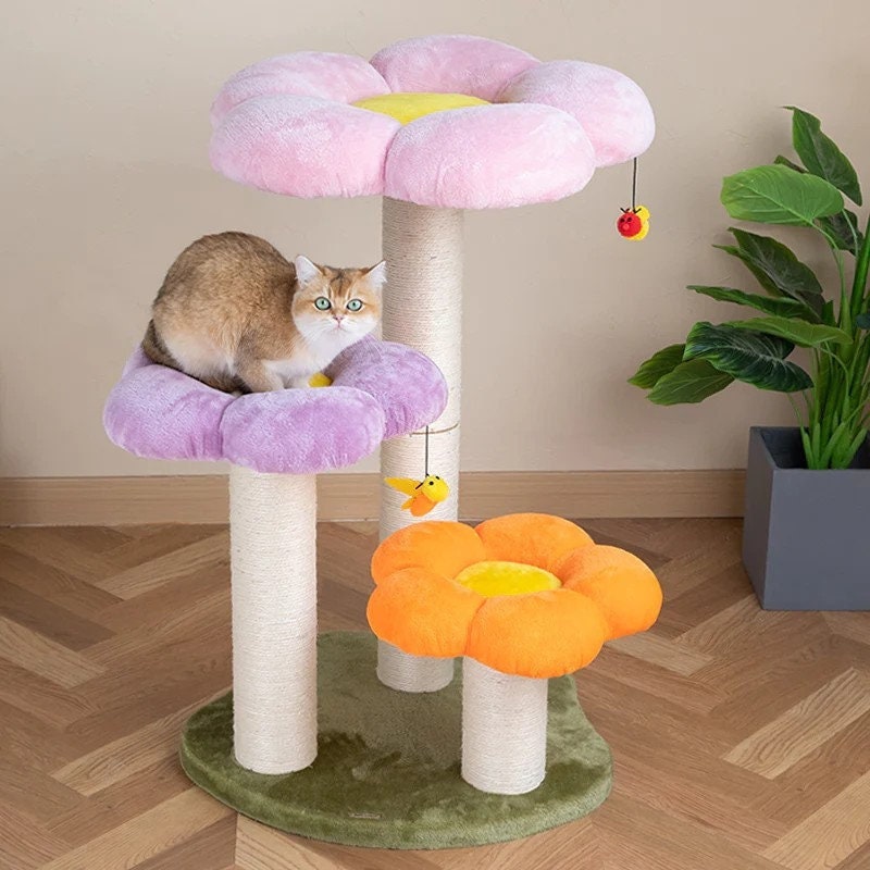 Flower Cat Tree 2 Tower, Wooden Cat Tower, Modern Cat Climbing Tree ...