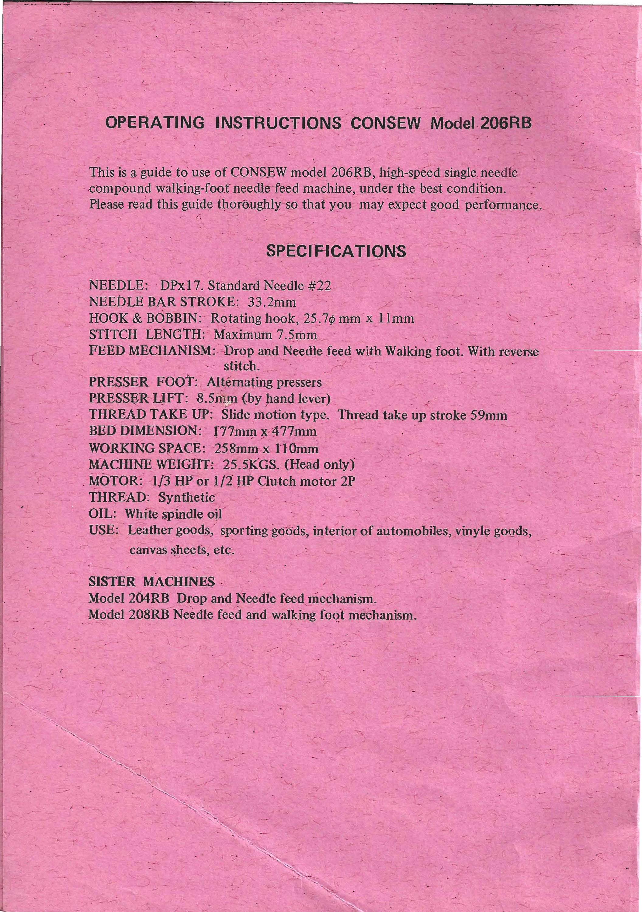 Consew 206RB 206RB-1 206RB-2 Sewing Machine Manual, How to Thread ...
