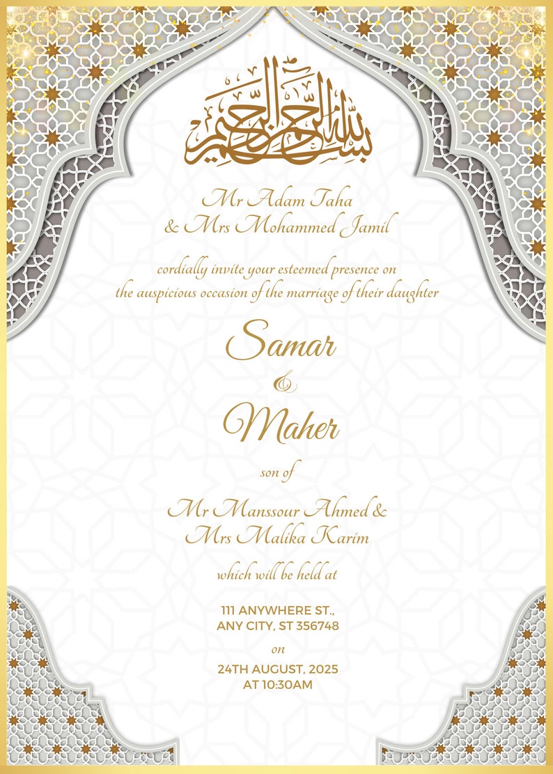 Islamic Wedding Invitation Gold and White Nikkah Invitation Muslim ...