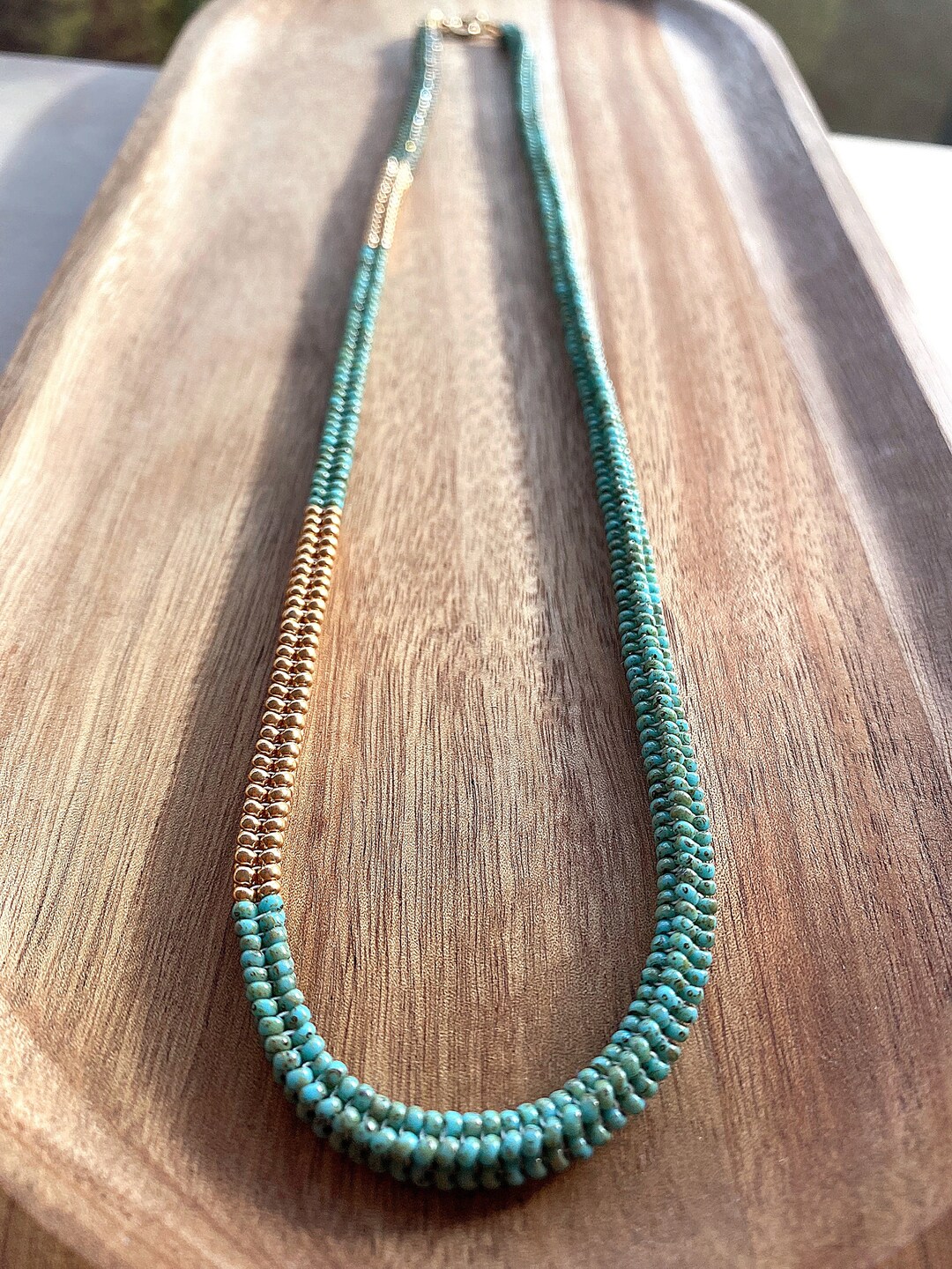 Woven Bead Necklace in Turquoise and 24k Gold Plated Beads and Closure ...
