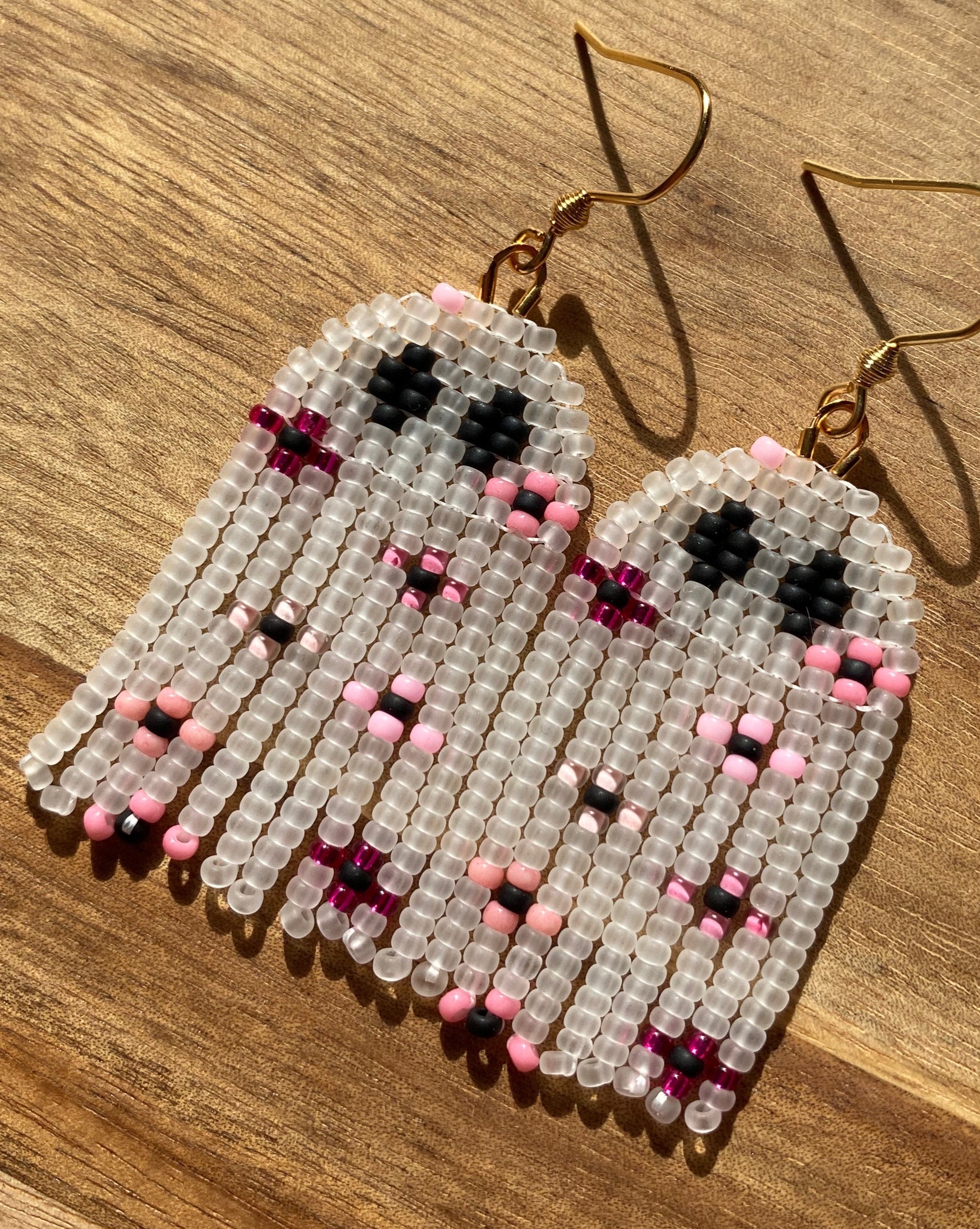 Pink Floral Ghost Seed Bead Fringe Earrings Spooky Halloween - Etsy
