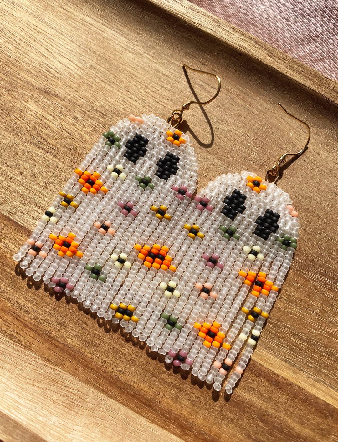 Large Floral Ghost Seed Bead Fringe Earrings Spooky Halloween - Etsy