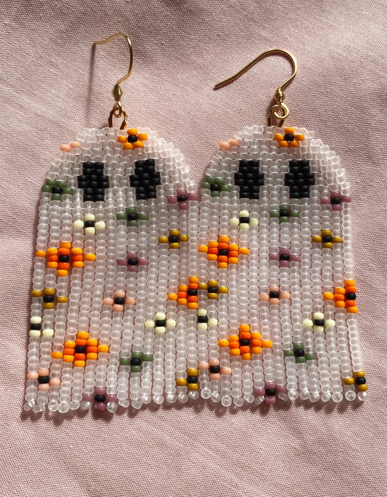 Large Floral Ghost Seed Bead Fringe Earrings Spooky Halloween - Etsy