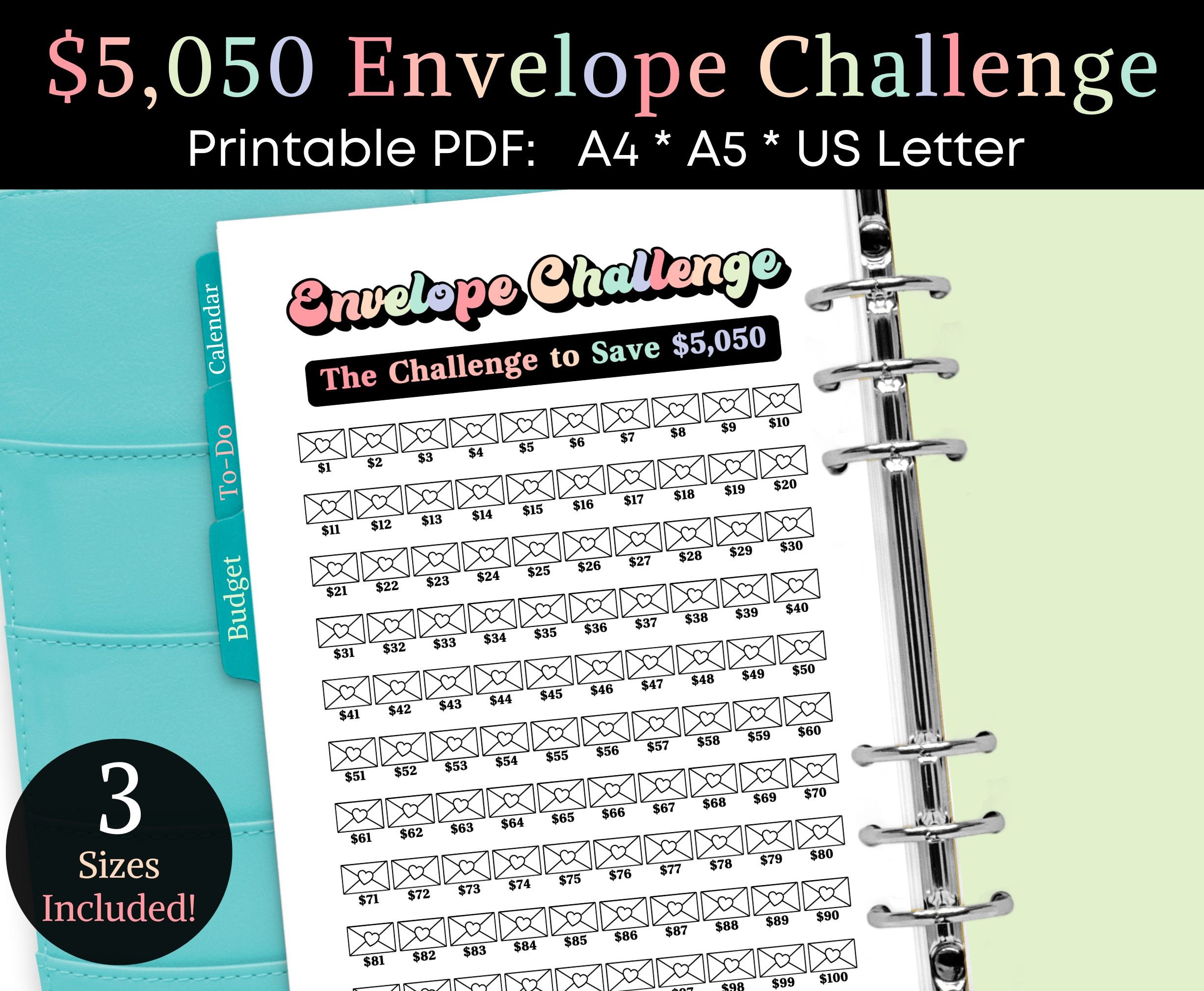5050 Savings Challenge Printable Planner Sheet, Cute Money Saving Chart ...
