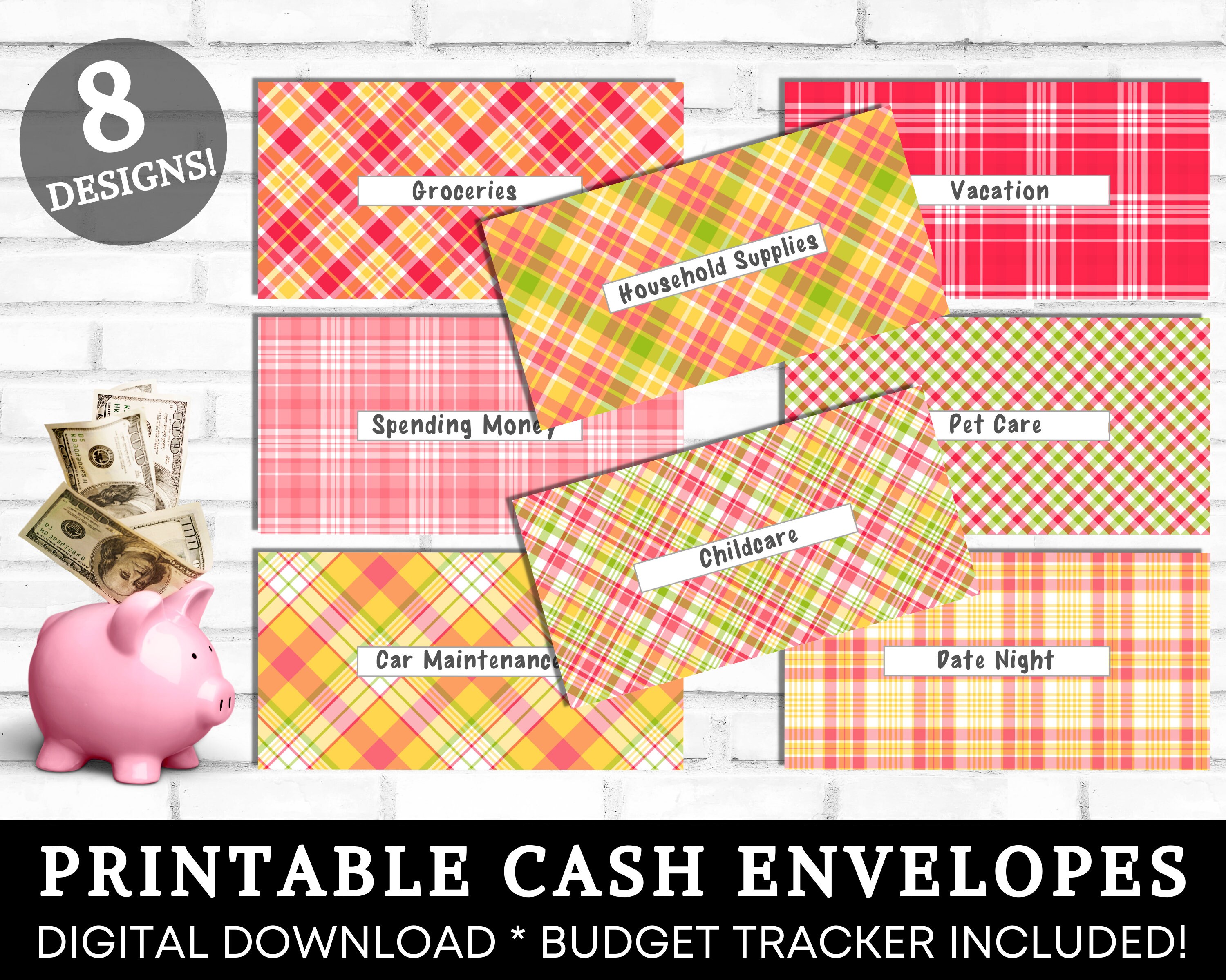 Cash Envelopes Printable, Cute Cash Envelope System, Pink Summer Plaid ...