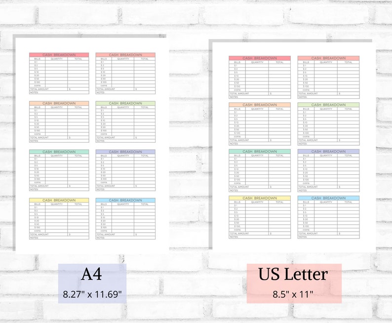 Printable Cash Breakdown, Bank Teller Slips, Cash Slips, Bank Slips ...
