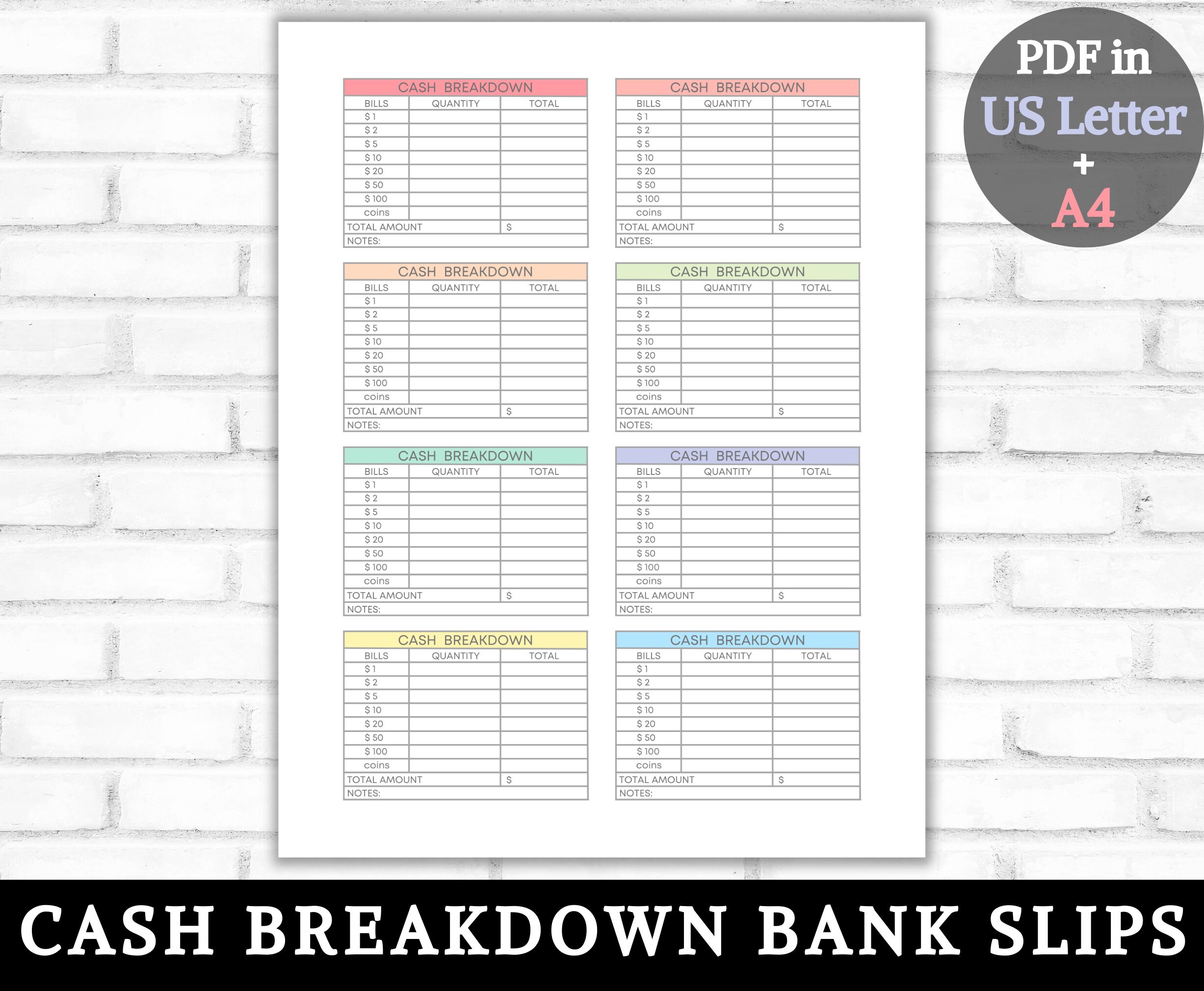 Printable Cash Breakdown, Bank Teller Slips, Cash Slips, Bank Slips ...
