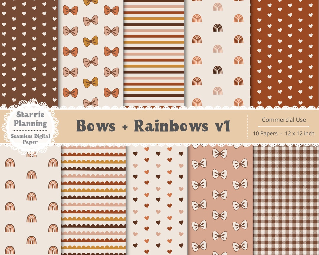 10 Boho Digital Papers, Neutral Rainbows Hearts Bows Digital Paper ...