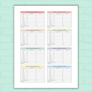 Printable Cash Breakdown, Bank Teller Slips, Cash Slips, Bank Slips ...