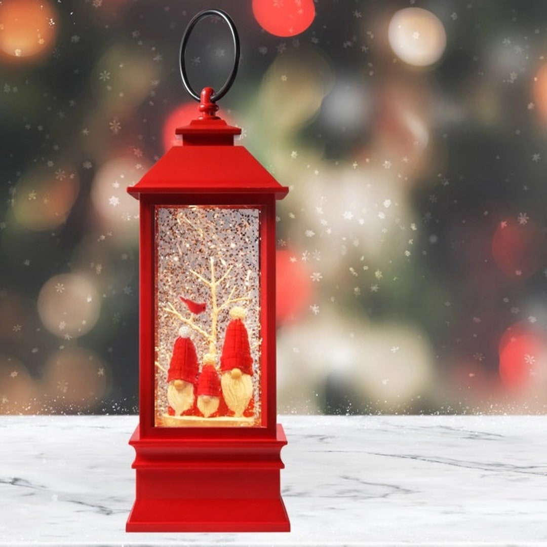 Snowburst™ Red Lantern With Gnome Trio - Etsy