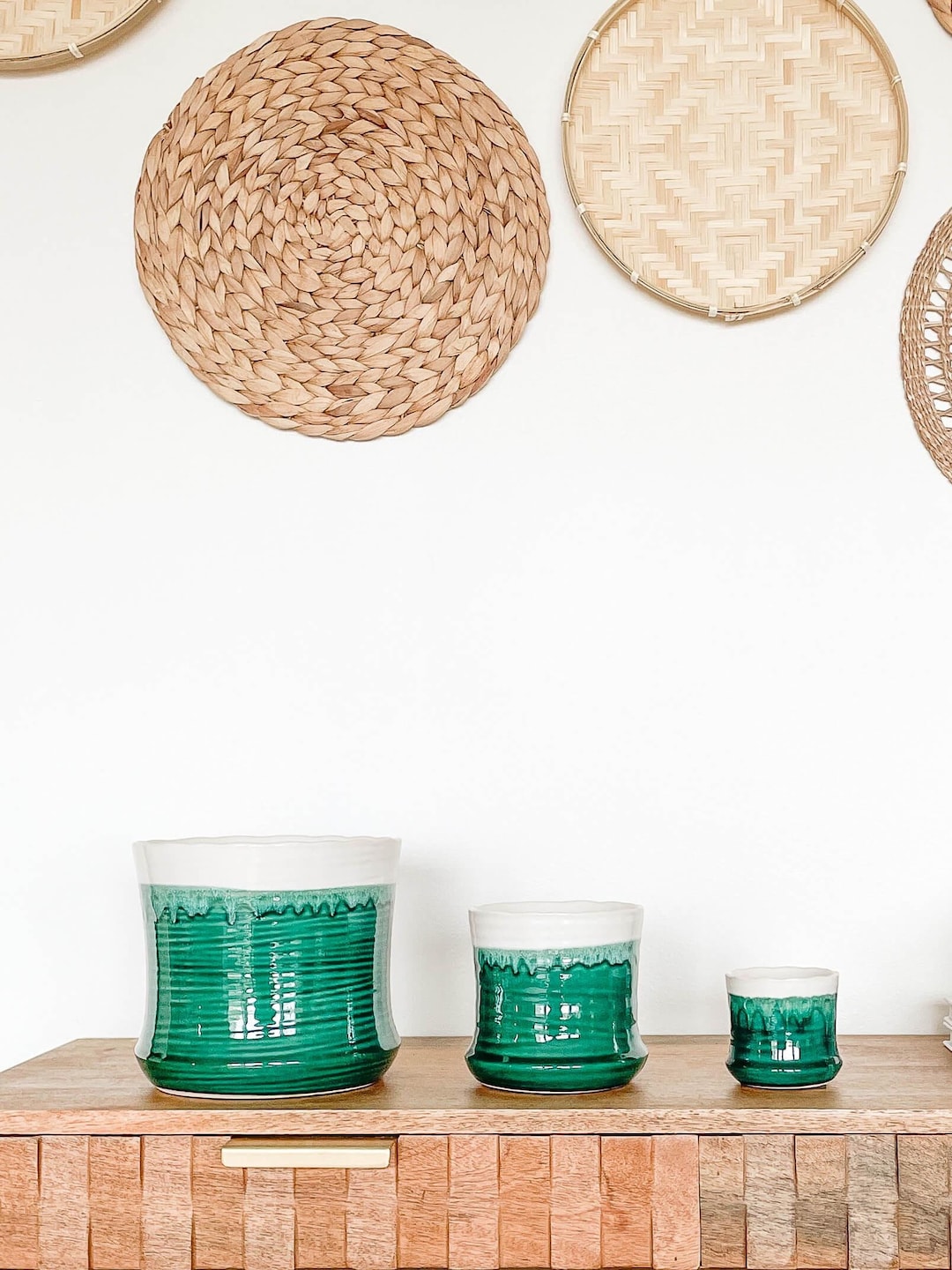 Ceramic Plant Pot Set of 3 With Drainage, Dark Green Planters, Glossy ...