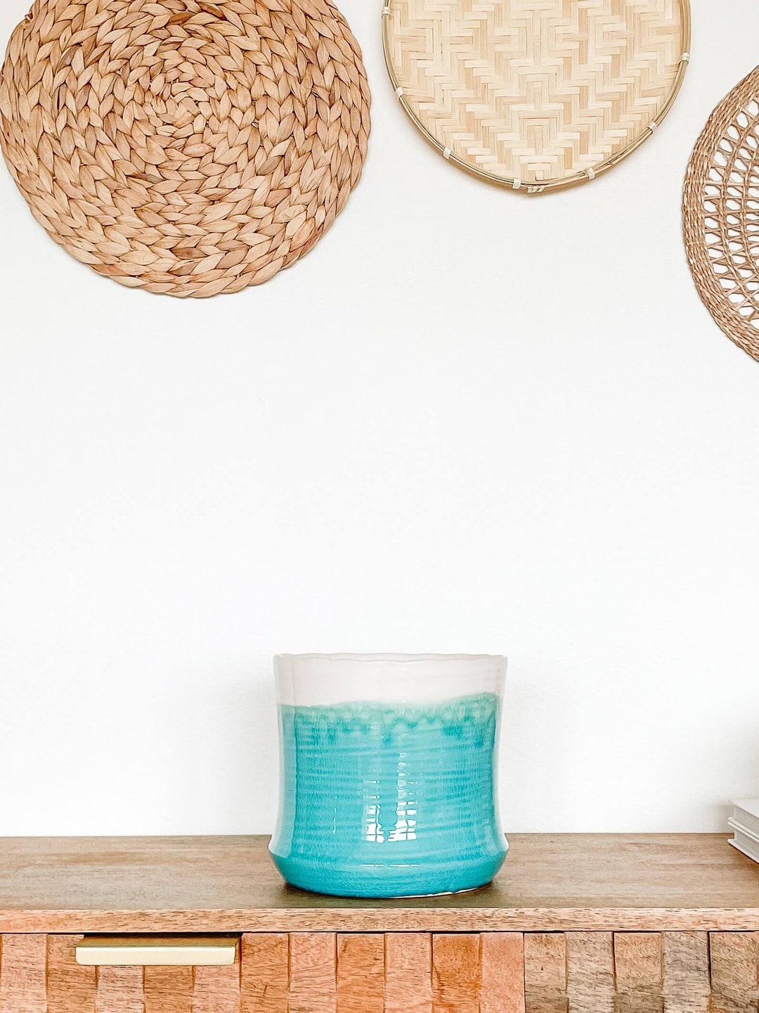 Ceramic Plant Pot Set of 3 With Drainage, Baby Blue Planters, Glossy ...