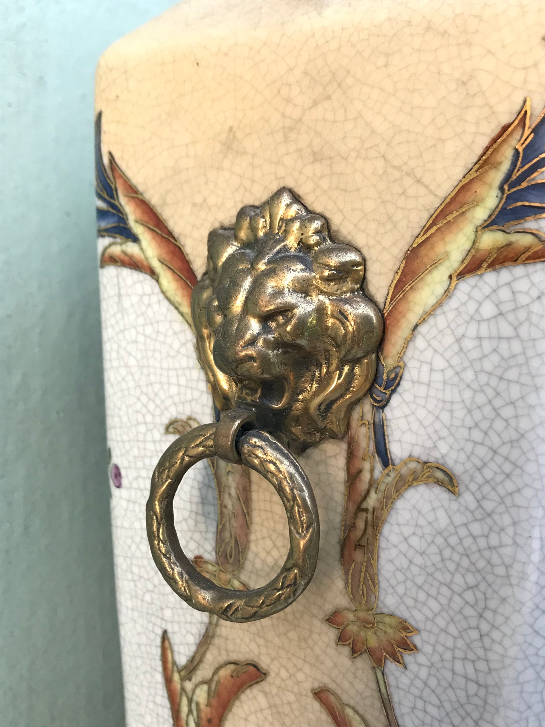 Rare Elegant Hand Painted Ikebana Vase. Bronze Lion Handles. Dominic ...