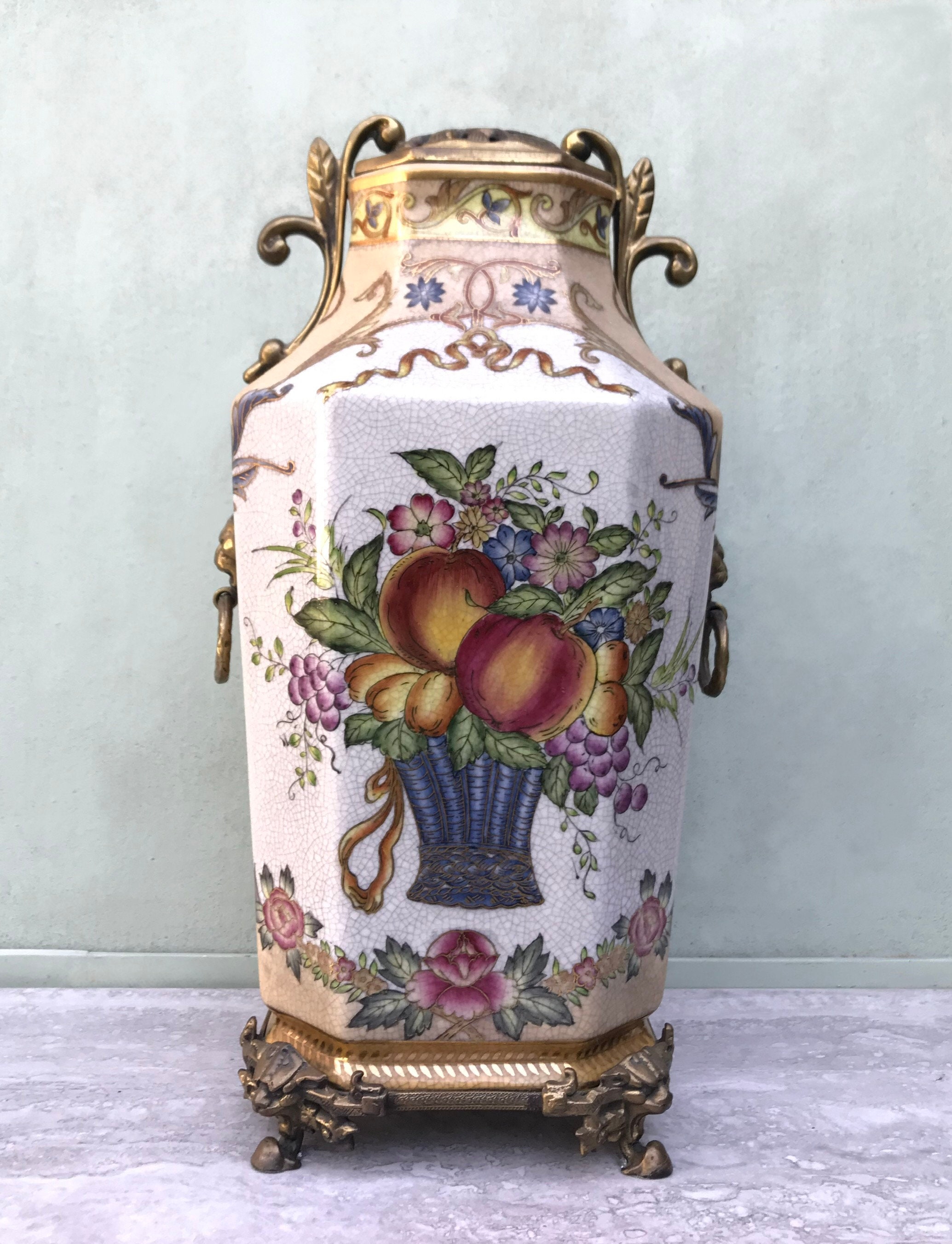 Rare Elegant Hand Painted Ikebana Vase. Bronze Lion Handles. Dominic ...