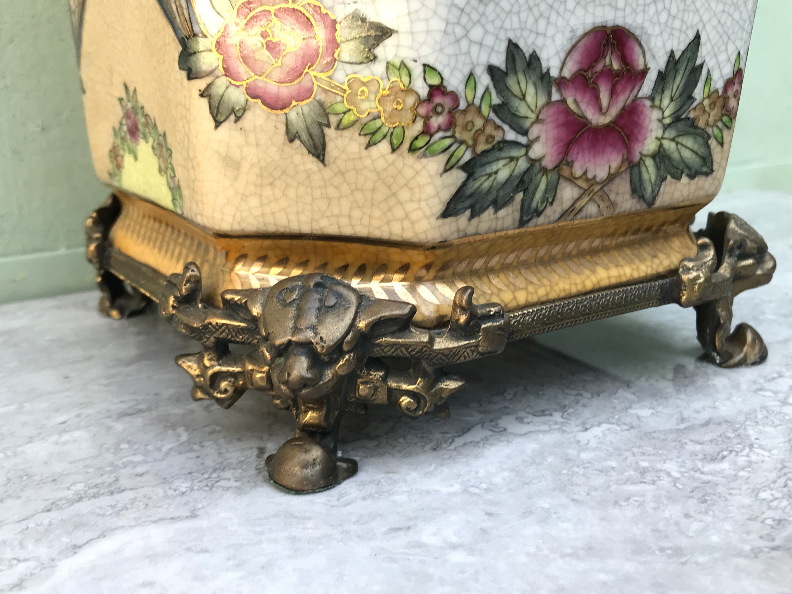 Rare Elegant Hand Painted Ikebana Vase. Bronze Lion Handles. Dominic ...