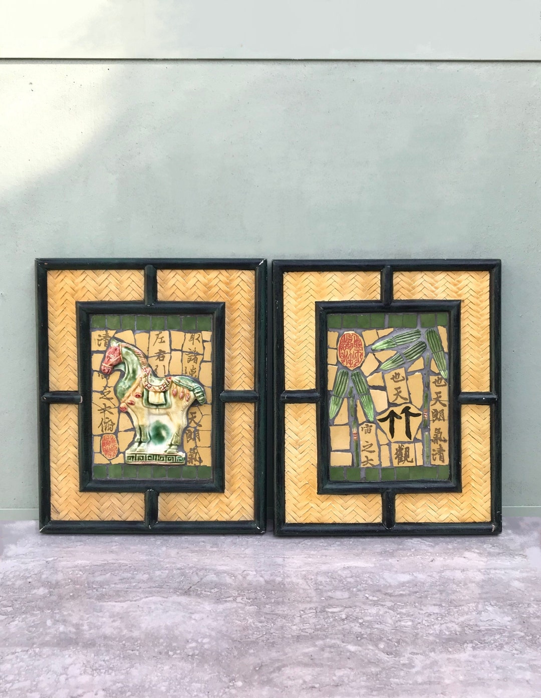Beautiful Chinese Art Ceramic Mosaic Horse Pictures. With Woven Rattan ...