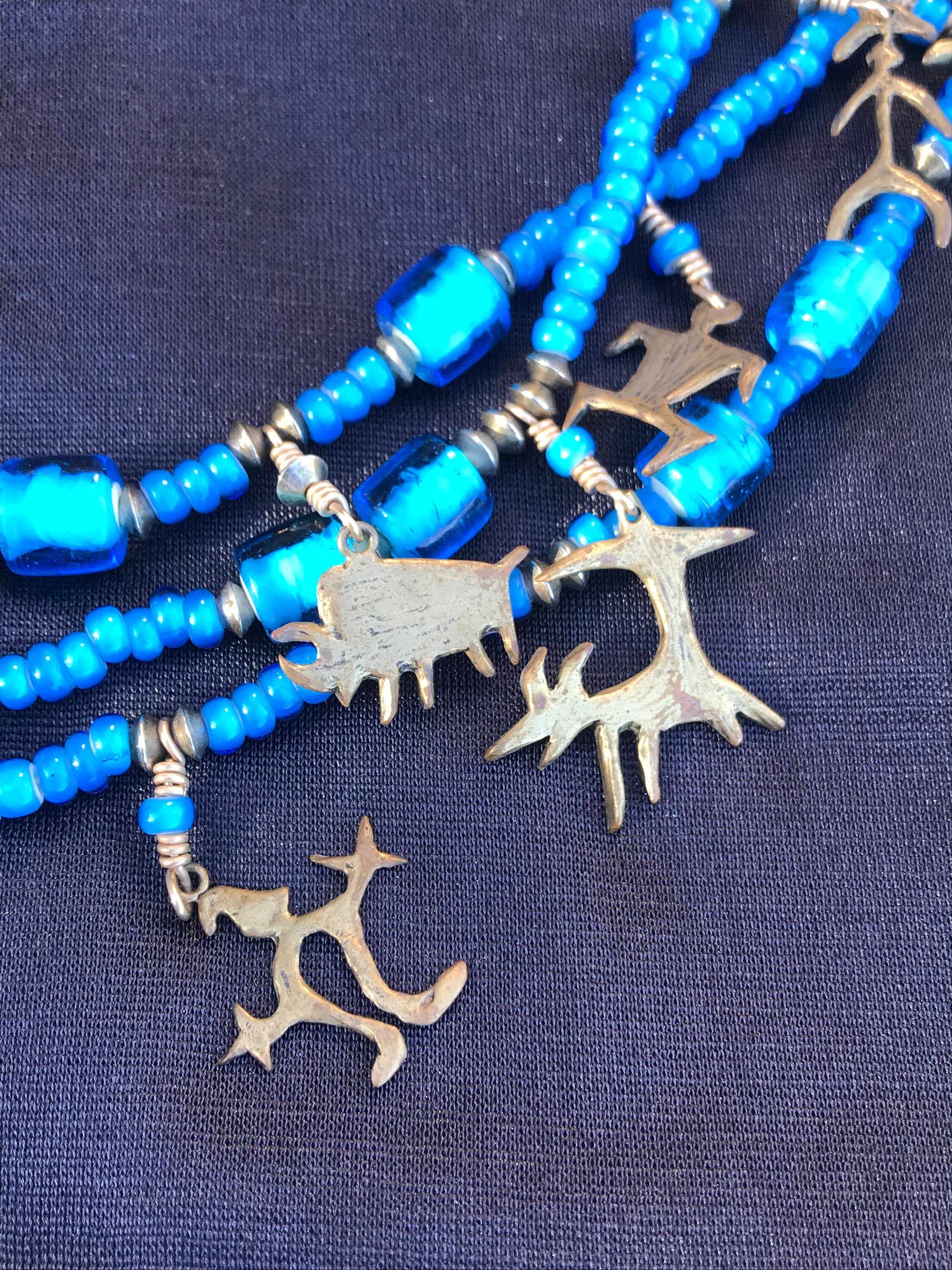 Vintage Statement Necklace Boho Brass Totem Charms and Turquoise Color ...