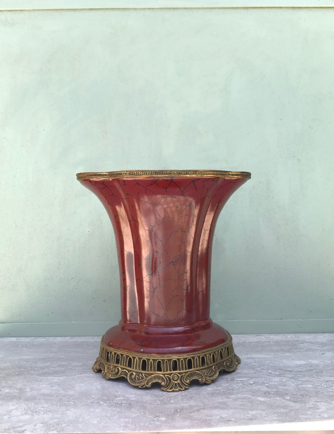 Beautiful Chinese Metal Vase / Urn. Brass Tone Edges and Enamel Paint ...