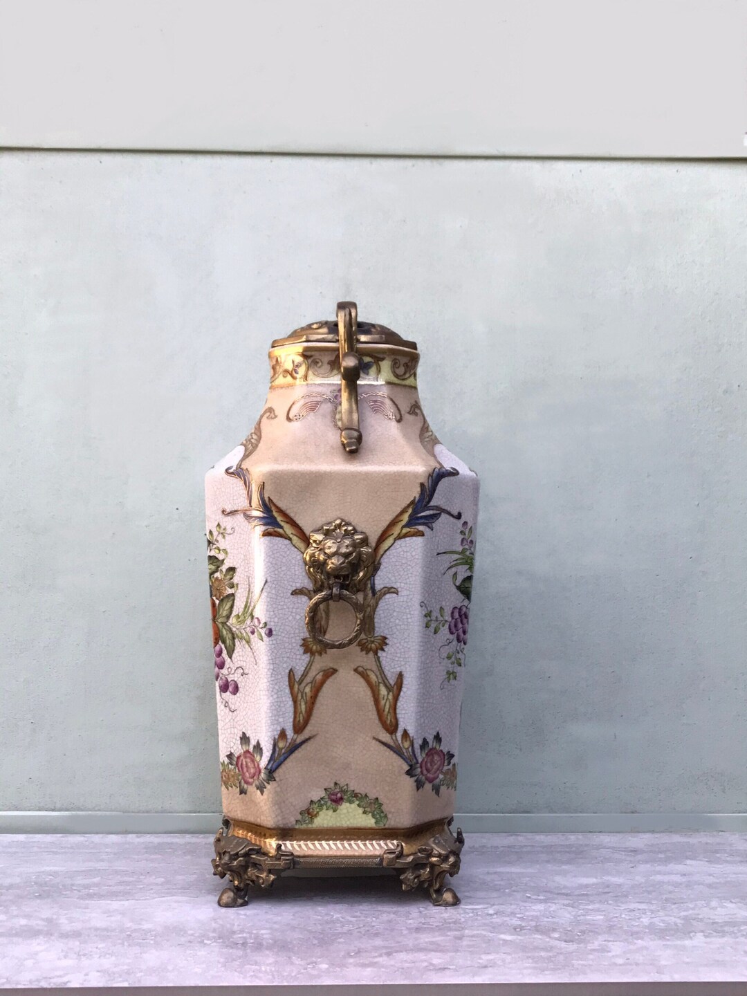 Rare Elegant Hand Painted Ikebana Vase. Bronze Lion Handles. Dominic ...