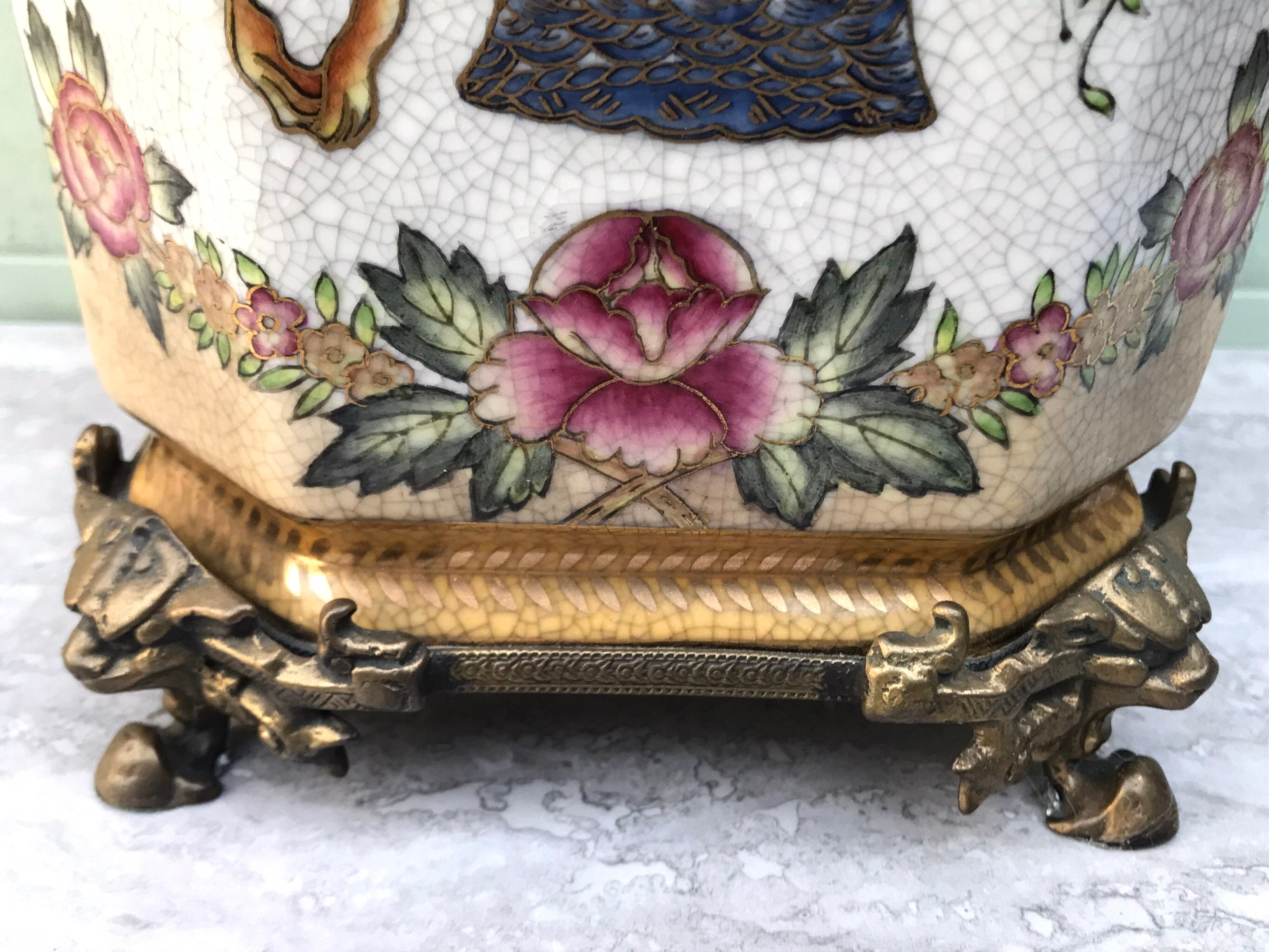 Rare Elegant Hand Painted Ikebana Vase. Bronze Lion Handles. Dominic ...