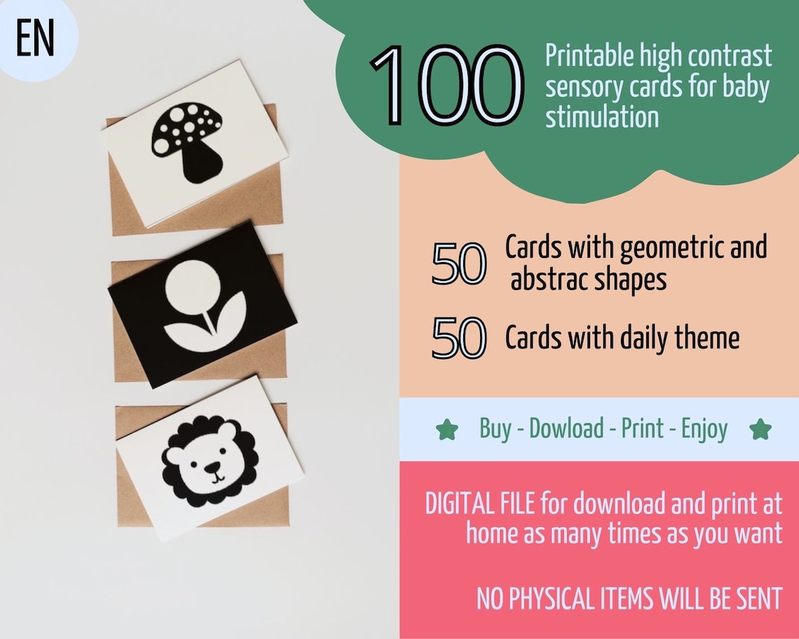 100 Sensory Cards for Babies. High Contrast Printable. 0-6 Months Baby ...
