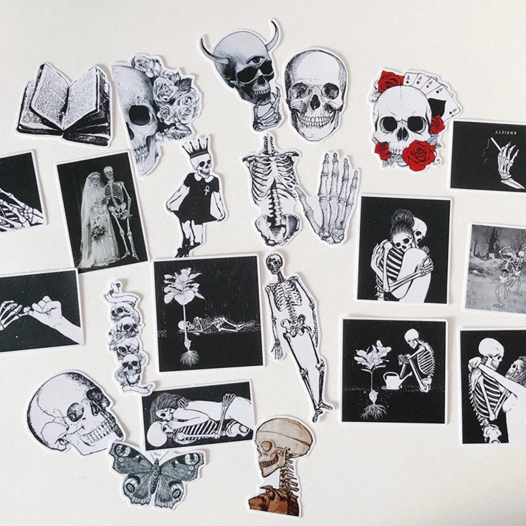 Vintage Black White Skeleton Skull Stickers, Skull Stickers, Skeleton ...