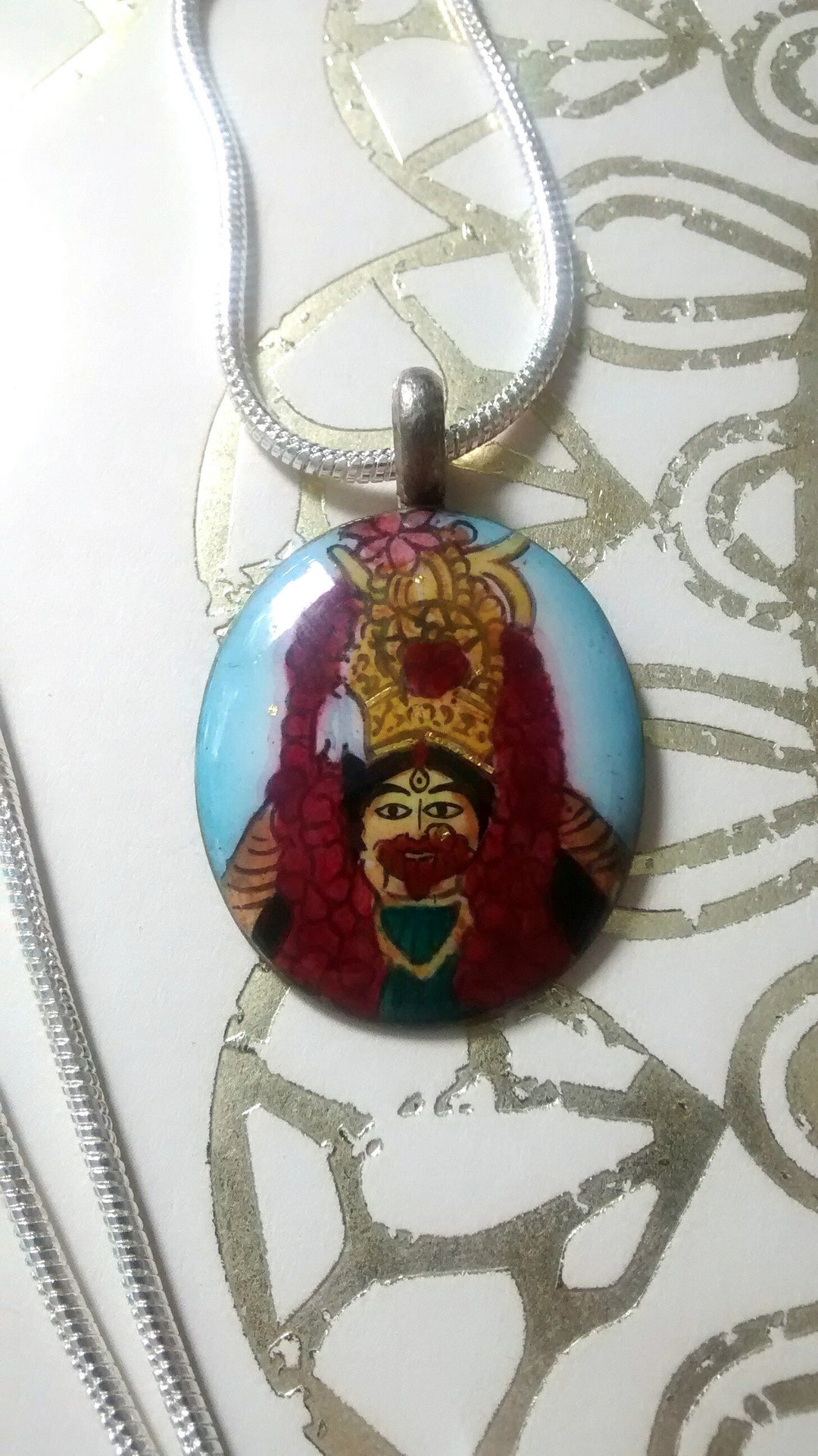 Hindu Goddess Kali Tara Maa Enamel Silver Pendant on Silver Snake Chain ...
