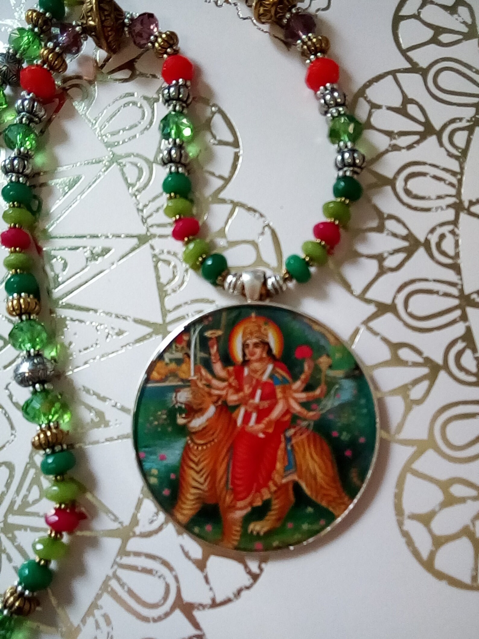 Hindu Goddess Durga Painted Picture Pendant on Beaded Necklace | Etsy