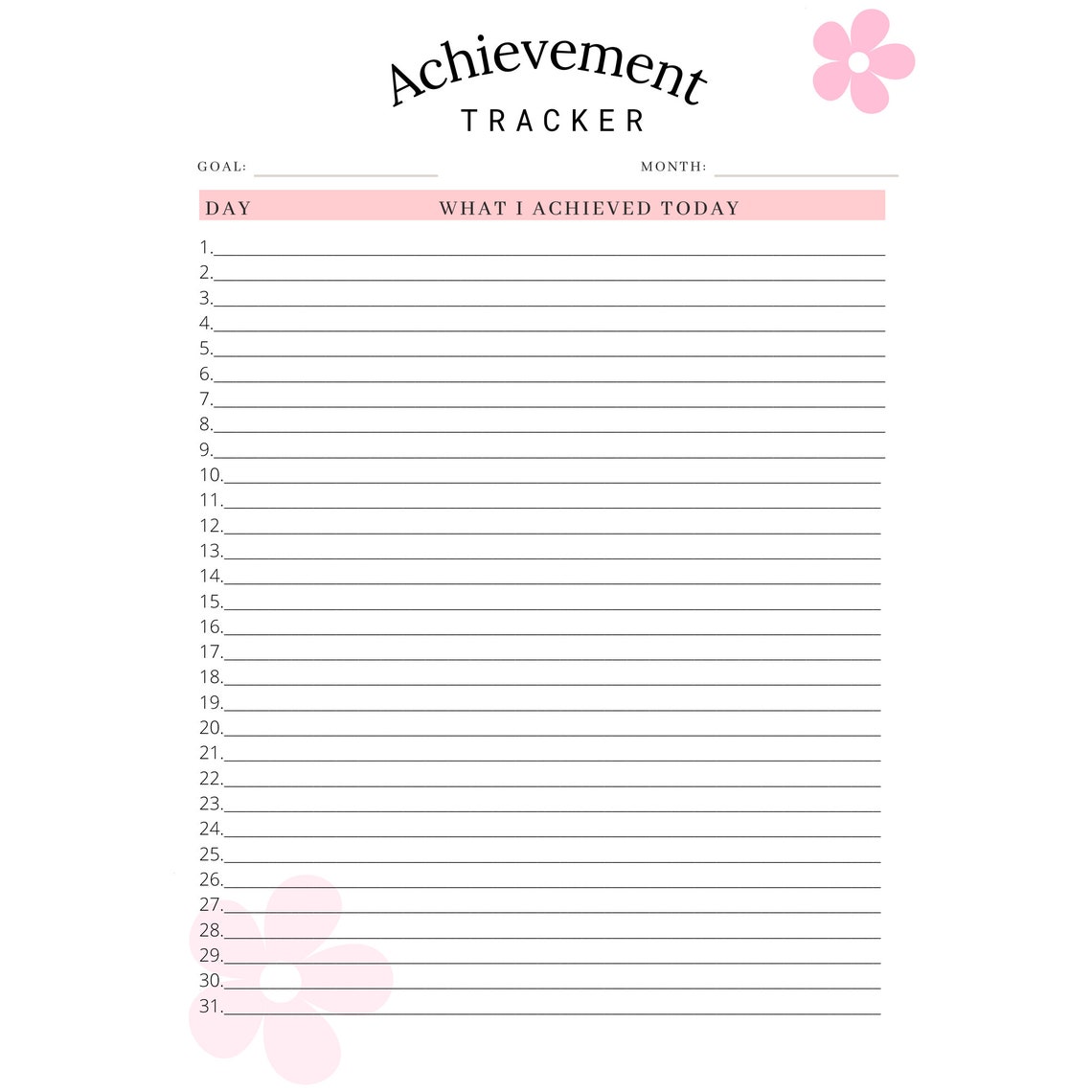 Daily Achievements Tracker Sheet | 31-day Printable Tracker | Build a ...
