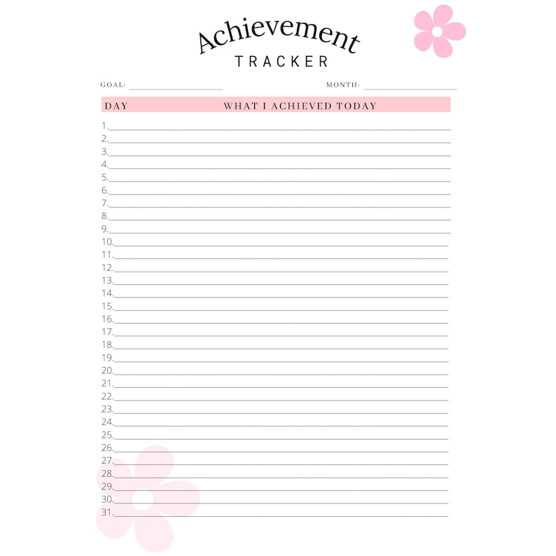 Daily Achievements Tracker Sheet | 31-day Printable Tracker | Build a ...