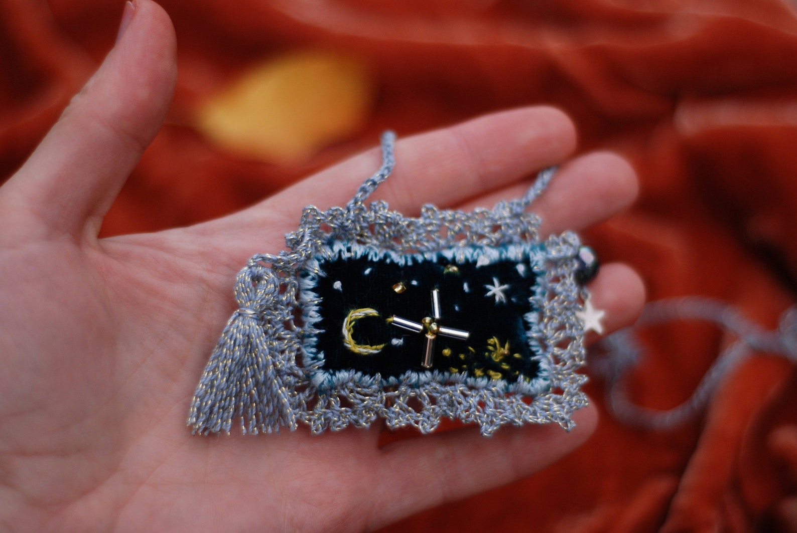 Hand Crochet Embroidered Silk Necklace, Squirrel Ooak Boho Amulet ...