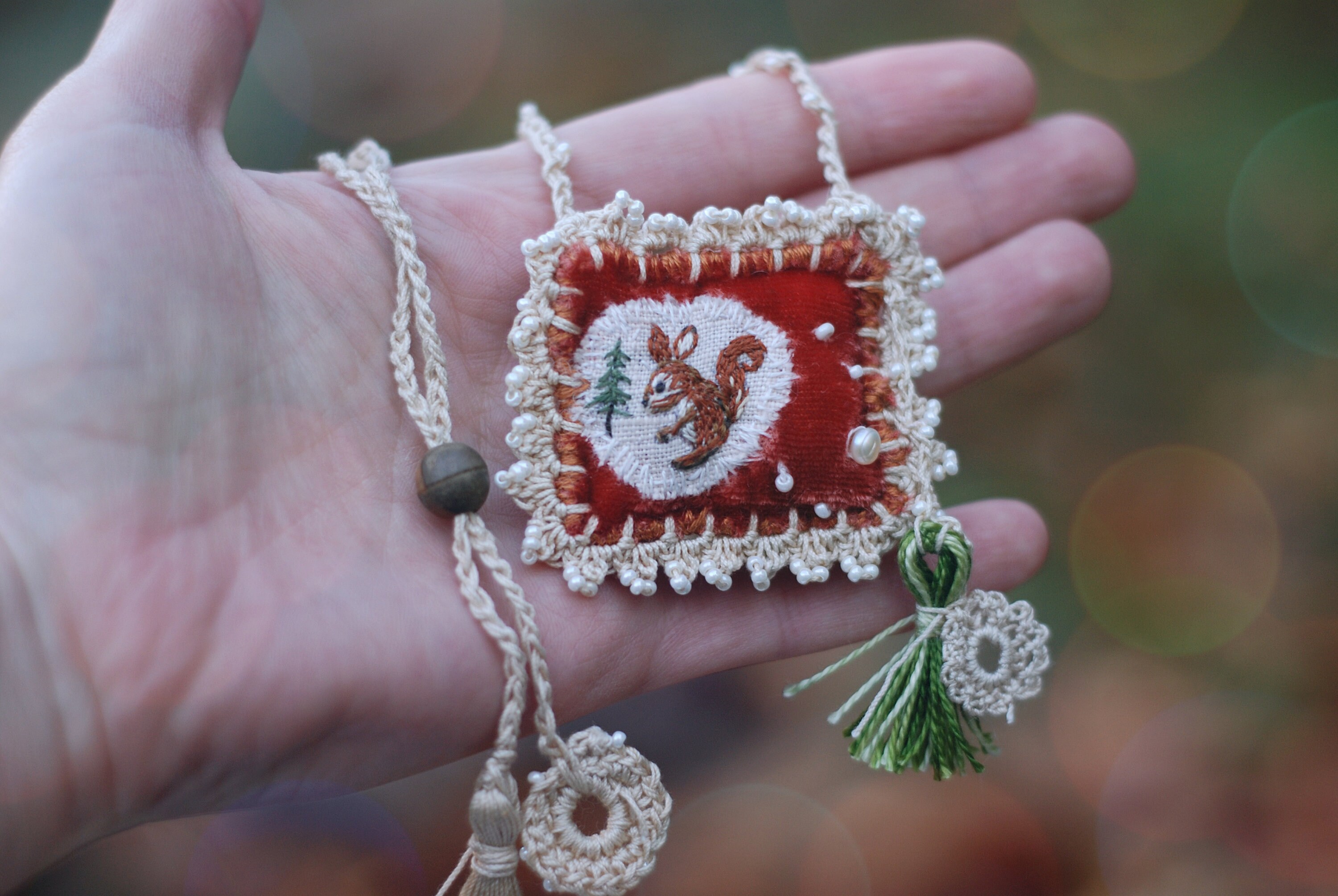Hand Crochet Embroidered Silk Necklace, Squirrel Ooak Boho Amulet ...